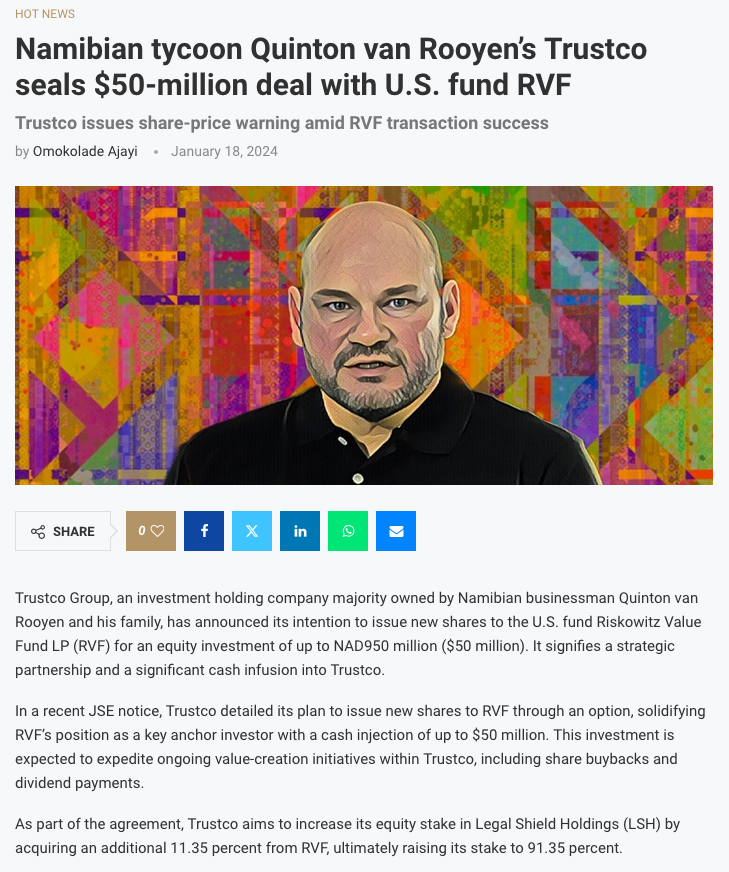 Namibian tycoon Quinton van Rooyen’s Trustco seals $50-million deal with U.S. fund RVF